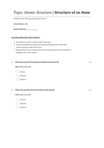 GCSE/IGCSE Physics: Structure of an Atom - Self-Assessment Questions ...