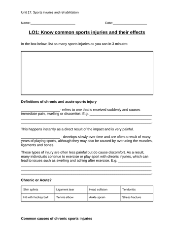 CTEC Sport Unit 17 Sports Injuries and Rehabilitation | Teaching Resources