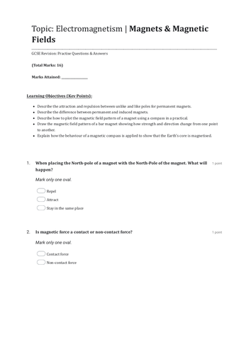 GCSE/IGCSE Physics: Magnets & Magnetic Fields - Self-Assessment ...