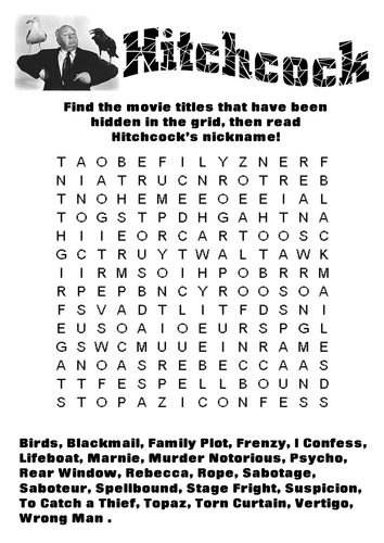 Alfred Hitchcock movie titles wordsearch | Teaching Resources
