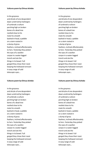 Culture poetry KS3 Vultures Chinua Achebe | Teaching Resources