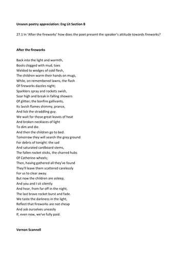 Unseen poetry AQA Vernon Scannell | Teaching Resources