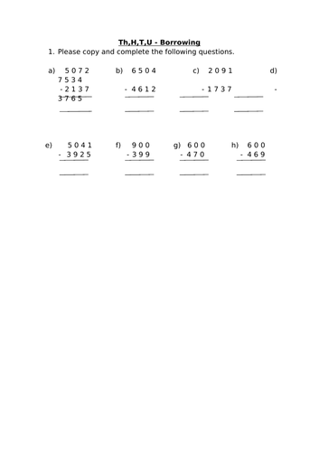 Numeracy - Th, H, T, U Subtraction Chimney Sums | Teaching Resources