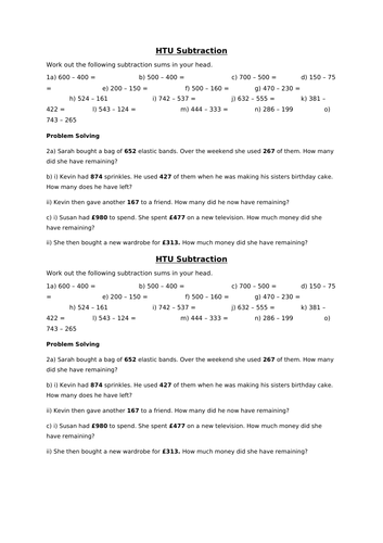 Numeracy - Th, H, T, U Subtraction Chimney Sums | Teaching Resources