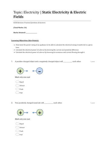 Gcse Igcse Physics Static Electricity Self Assessment Questions And Answers [2023] Teaching