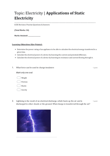 Gcse Igcse Physics Applications Of Static Electricity Self Assessment Questions And Answers