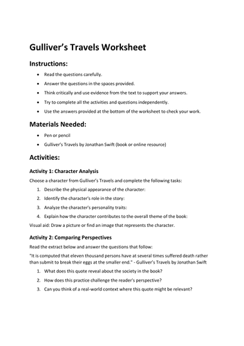 Gulliver's Travels by Johnathan Swift Lesson and Student Workbook ...
