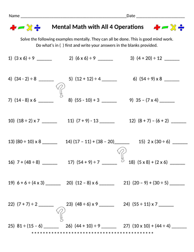 Mental Math All Operations Using ( ) | Teaching Resources