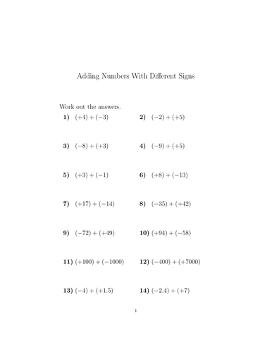 Adding Numbers With Different Signs Worksheet (with solutions ...