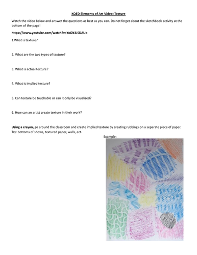 KQED Elements of Art Video Worksheet Texture | Teaching Resources