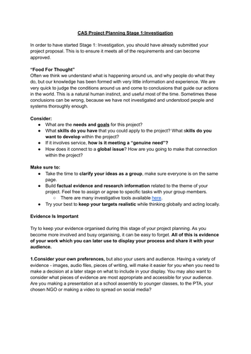 CAS Project Planning Stage 1: Investigation | Teaching Resources