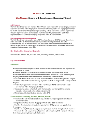 CAS (creativity, activity, service) Coordinator Job Description ...