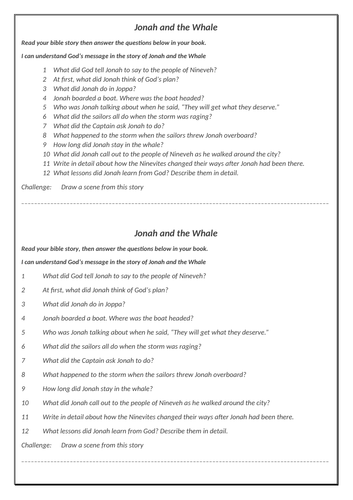 Jonah and the Whale Comprehension Activity | Teaching Resources