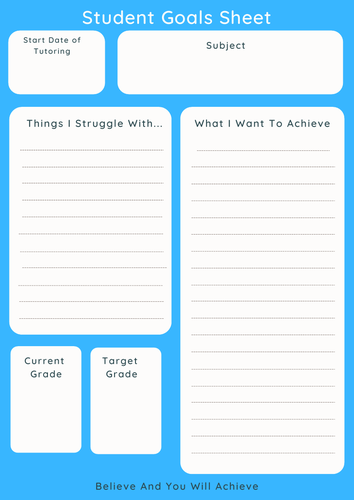 Private Tuition - Student Goals Sheet | Teaching Resources