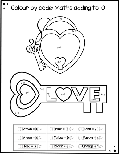 Valentine's colouring: Maths - Colour by adding to 10 activities ...