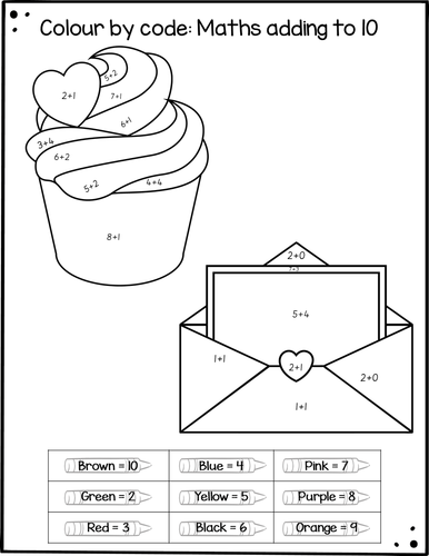 Valentine's colouring: Maths - Colour by adding to 10 activities ...