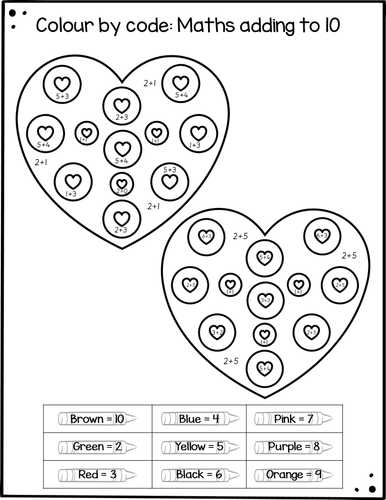 Valentine's colouring: Maths - Colour by adding to 10 activities ...