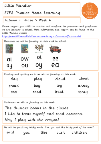 Little Wandle- Year 1 Homework- Autumn 1 | Teaching Resources