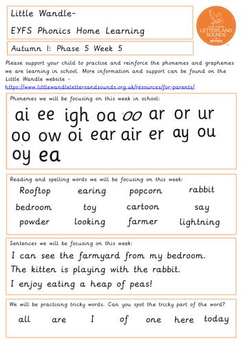 Little Wandle- Year 1 Homework- Autumn 1 | Teaching Resources