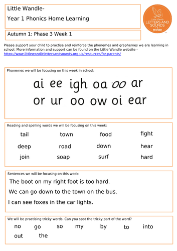 Little Wandle- Year 1 Homework- Autumn 1 | Teaching Resources