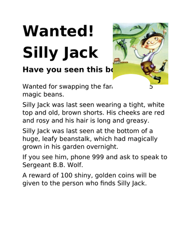 KS1 Writing an Alternative Tale - Jack and the Beanstalk (LA Wanted Poster) | Teaching Resources