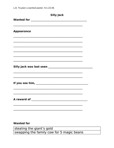 KS1 Writing an Alternative Tale - Jack and the Beanstalk (LA Wanted ...
