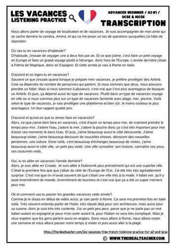 Les Vacances GCSE French Listening Practice | Teaching Resources