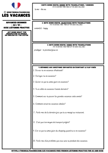 Les Vacances GCSE French Listening Practice | Teaching Resources