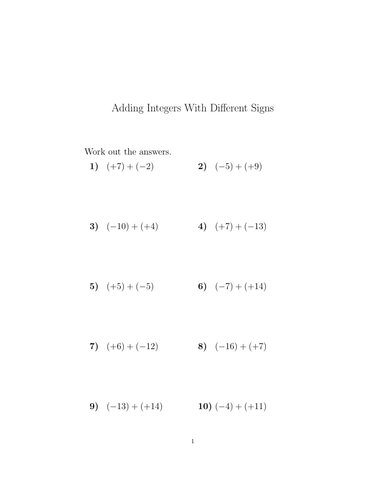 Adding Integers With Different Signs Worksheet (with solutions ...