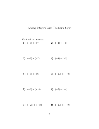 Adding Integers With The Same Signs Worksheet (wit solutions ...