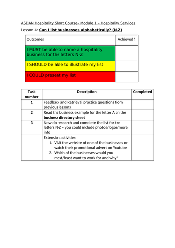 ASDAN Hospitality Short Course - Module 1 | Teaching Resources ASDAN Hospitality Short Course - Module 1 | Teaching Resources