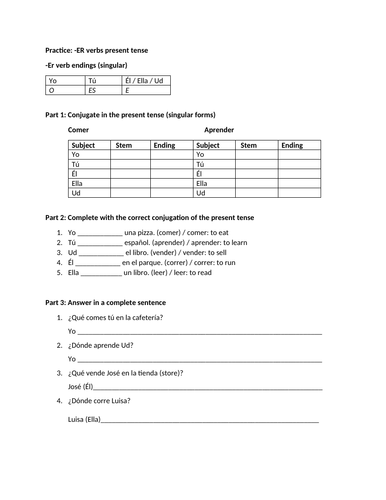 Practice ER verbs present tense | Teaching Resources