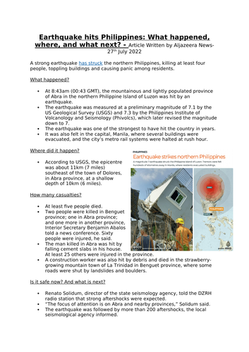 Earthquake Comprehension Tasks | Teaching Resources