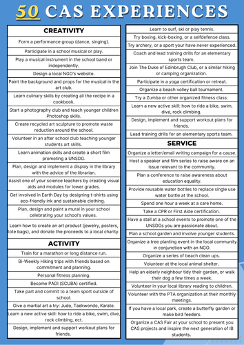 50 CAS (Creativity, Activity, Service) Experiences A3 Poster | Teaching ...