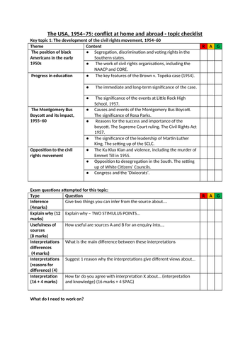 GCSE History topic check lists: USA 1954-75 Conflict at home and abroad ...