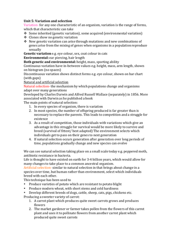 GCSE CCEA Double Award Biology Variation and Natural Selection Revision ...