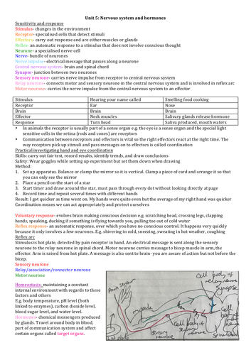 Gcse Ccea Double Award Biology Nervous System And Hormones Revision Notes Teaching Resources