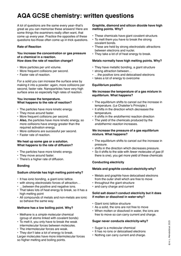 AQA GCSE chemistry written questions revision notes | Teaching Resources