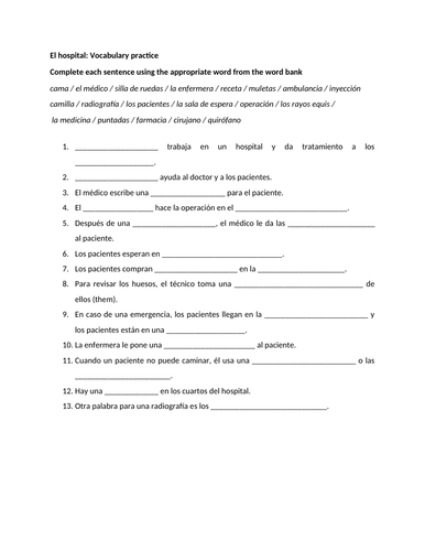 El hospital: Vocabulary practice | Teaching Resources