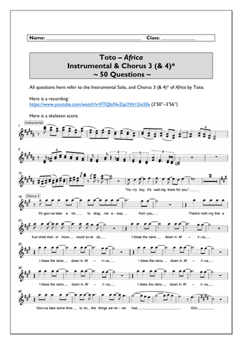 Eduqas GCSE Music - Africa by Toto (Instrumental and Chorus 3) - 50 ...