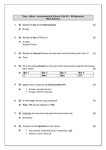 Eduqas GCSE Music - Africa by Toto (Instrumental and Chorus 3) - 50 ...