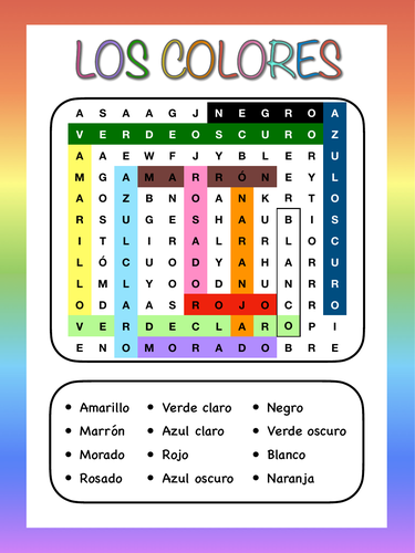 Word search. The Colours in Spanish & English. Sopa de letra Los ...