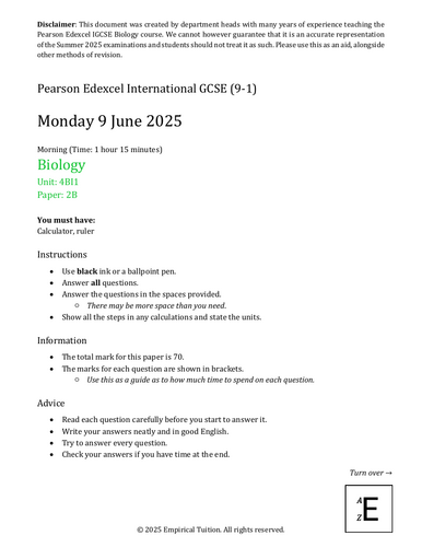Summer 2025 IGCSE Biology Predicted Exam - Edexcel Paper 2B | Teaching Resources
