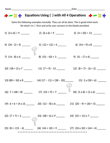 Equations Using ( ) with All Operations | Teaching Resources