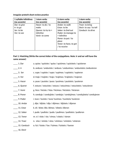 Irregular preterit short review practice | Teaching Resources