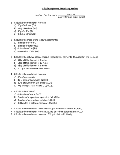 Chemistry Calculating Moles Worksheet | Teaching Resources