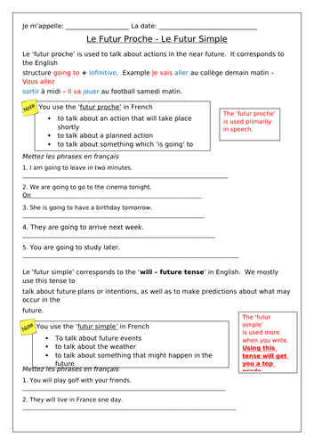 FRENCH FUTURE TENSES - LE PROCHE & LE SIMPLE | Teaching Resources