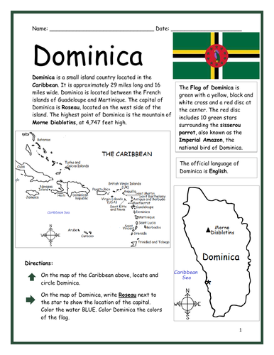 Dominica Printable Worksheet with map and flag | Teaching Resources