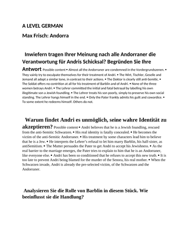 GERMAN A LEVEL REVISION -a bank of exam questions on "Andorra ...