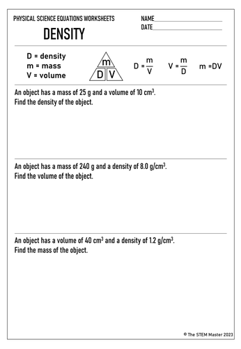 Density Equation Worksheet | Teaching Resources